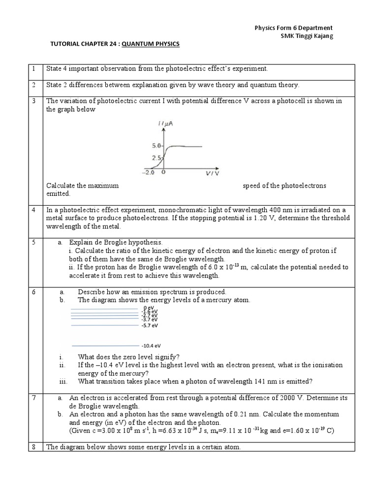 Tutorial Chapter 24 - Questions | PDF | Photoelectric Effect | Electron