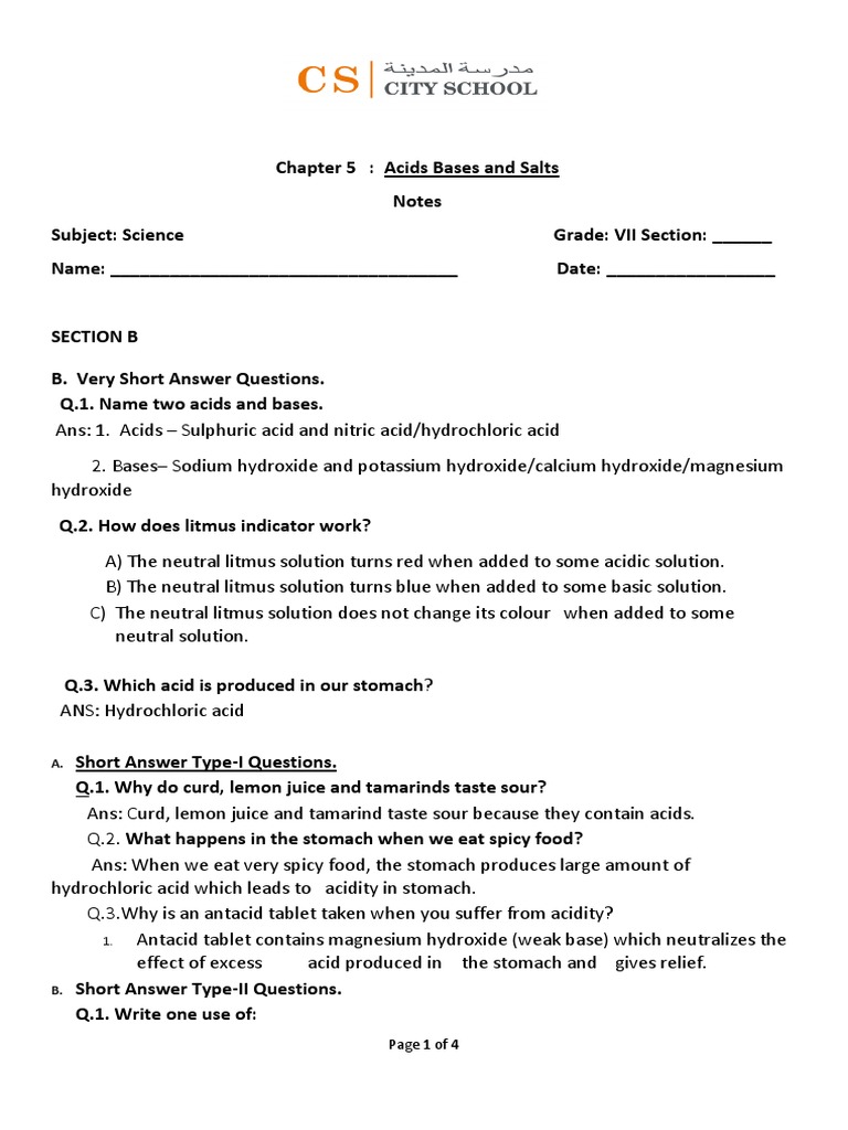 Acids, Bases and Salts Notes Grade 7 | PDF | Acid | Chemistry