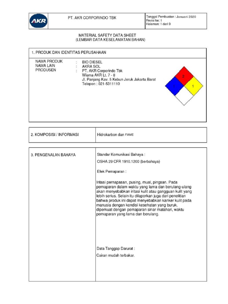 MSDS - Biodiesel AKRASOL - R1 - Jan2020 | PDF