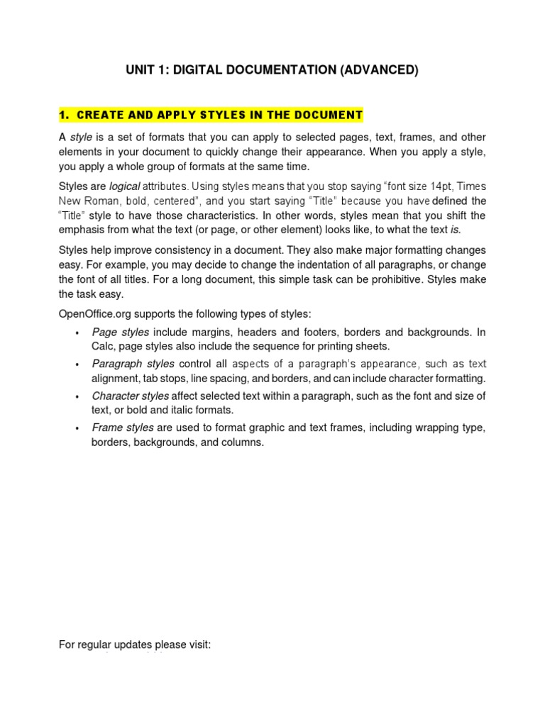 Unit 1: Digital Documentation (Advanced) : 1. Create and Apply Styles in The Document | PDF ...