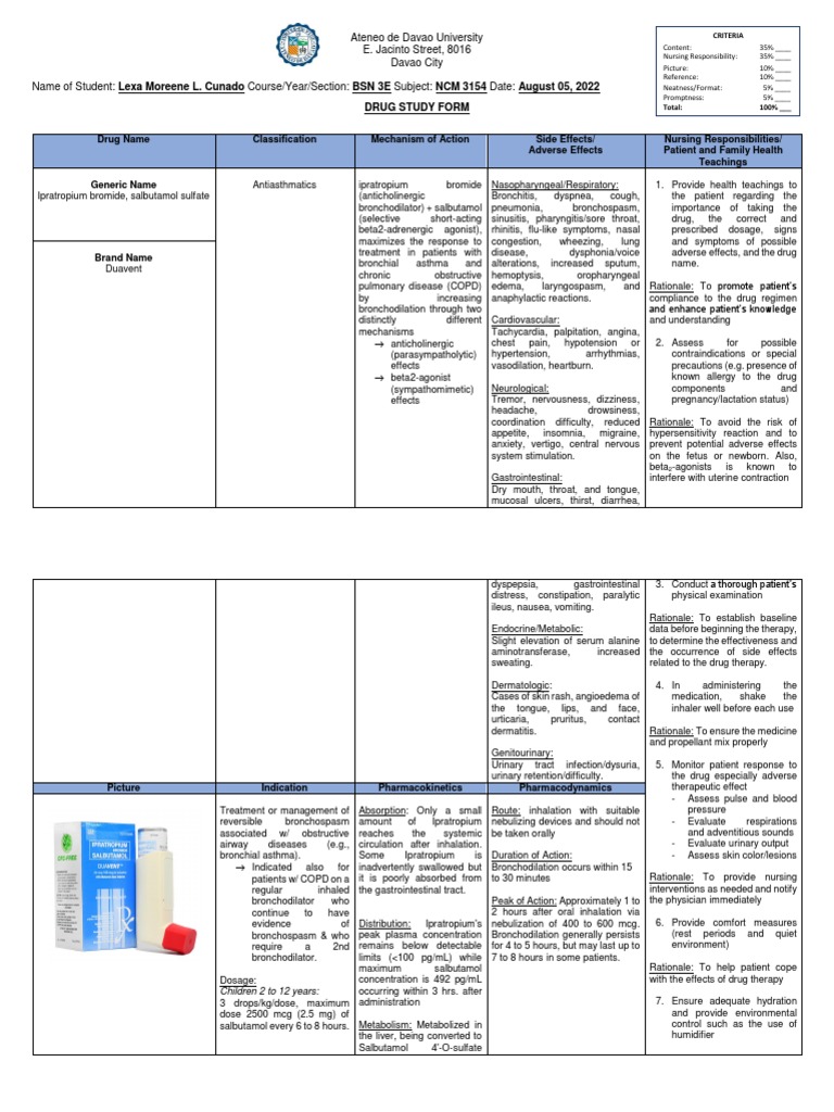 Duavent Drug Study and Nursing Guide | PDF | Drugs | Causes Of Death