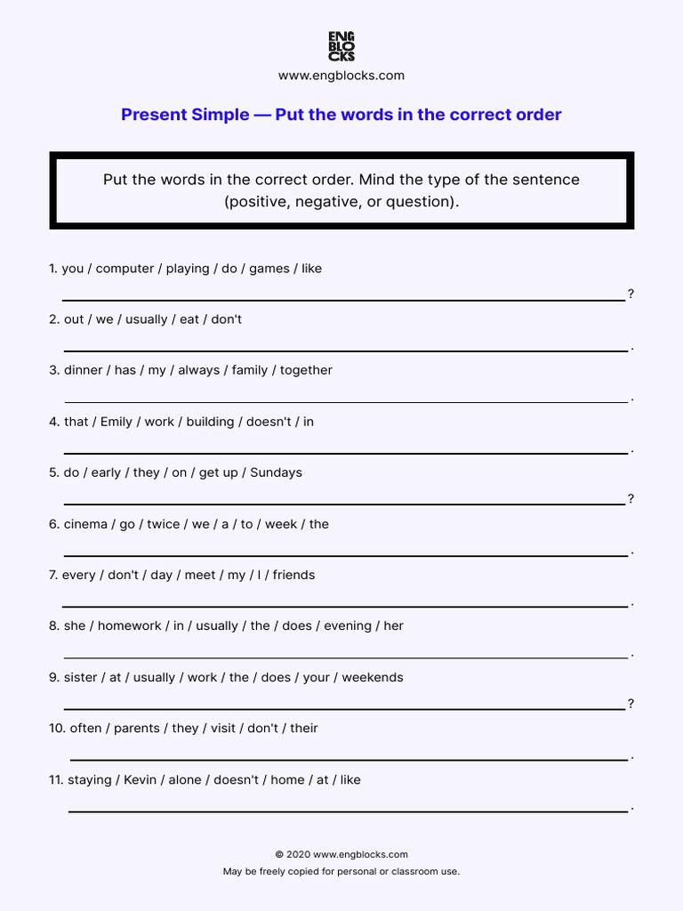 Present Simple - Put The Words in The Correct Order | PDF