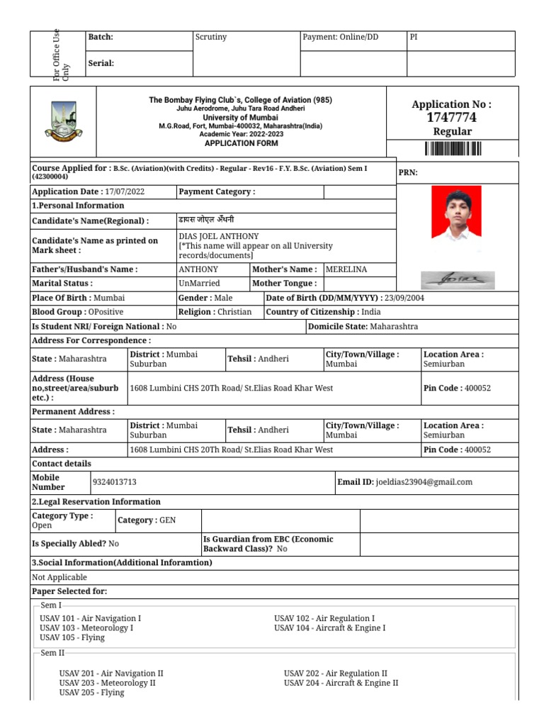 Addmission Form BFC | Download Free PDF | Mumbai | Test (Assessment)