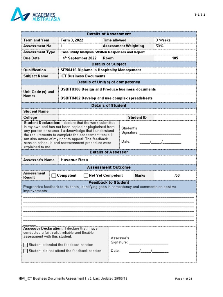 Details of Assessment: Case Study Analysis, Written Responses and ...