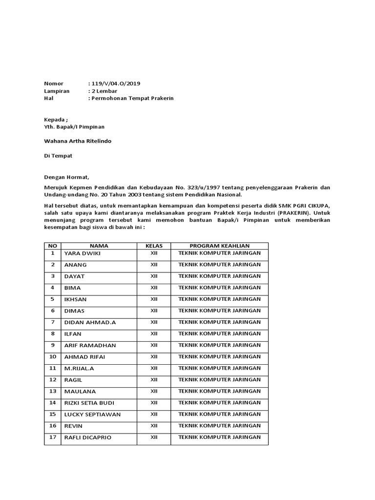 Surat Pengantar PKL | PDF