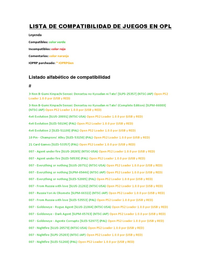 Lista de Compatibilidad de Juegos - Opl | PDF