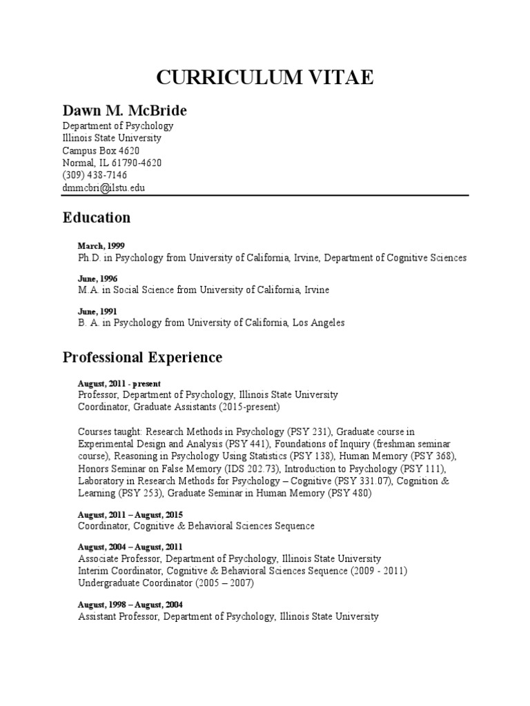 Curriculum Vitae: Dawn M. Mcbride | PDF | Memory | Psychology