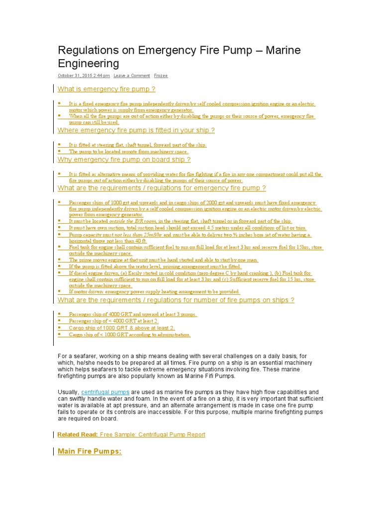 Regulations On Emergency Fire Pump Marine Engineering Pdf Pump