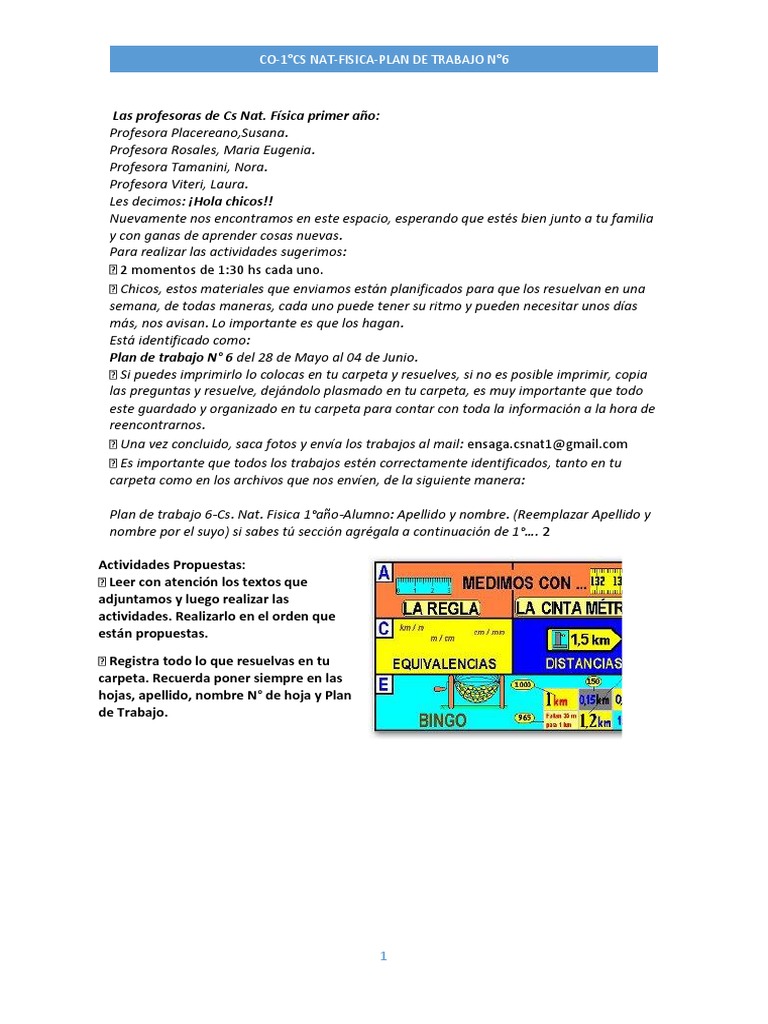 CB 1° CsNat Fisica Plan de Trabajo N°6 | PDF | Medición | Kilogramo