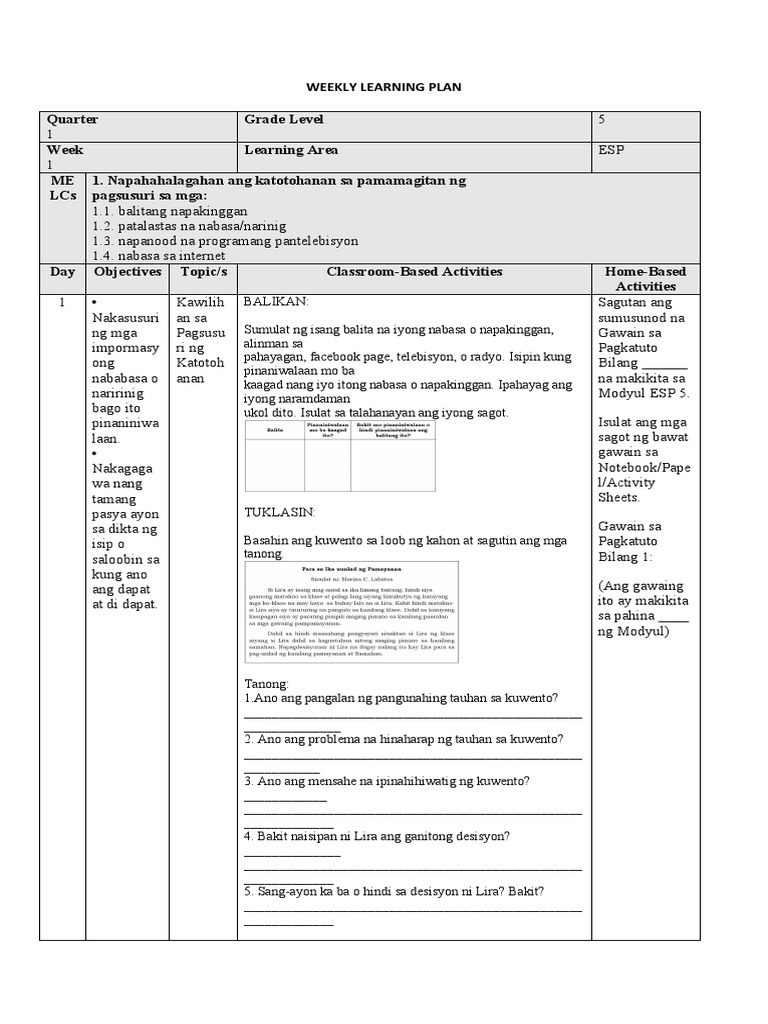 Weekly Learning Plan Quarter Grade Level Week Learning Area Me Lcs 1 ...