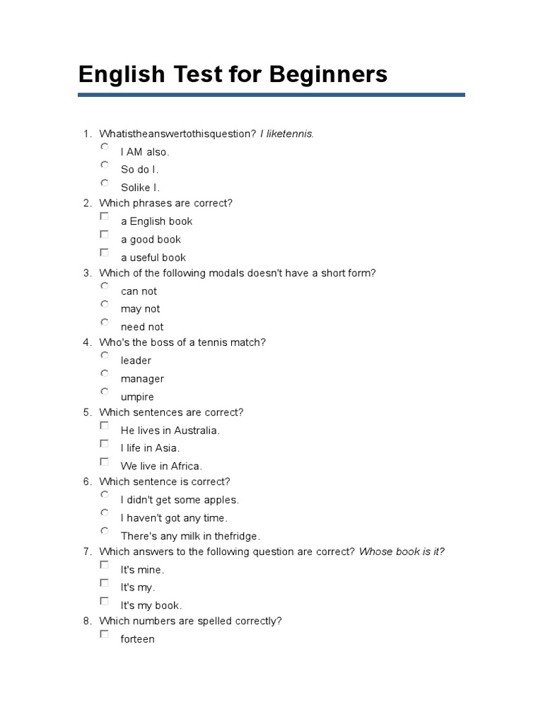 English Test For Beginners | PDF | Linguistics