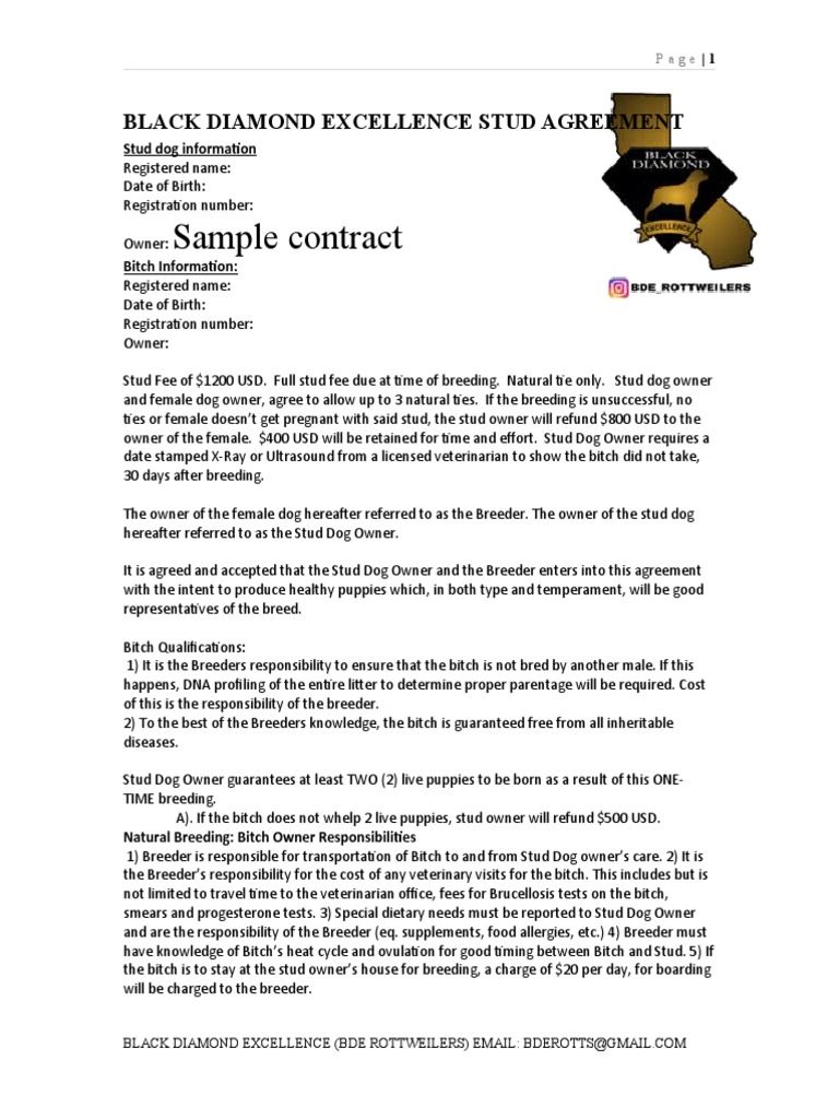 Sample Contract: Black Diamond Excellence Stud Agreement | PDF | Dog ...