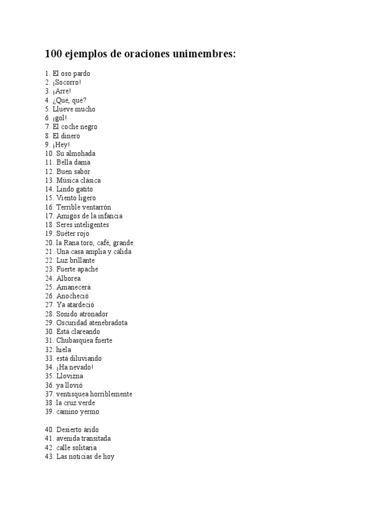 100 Ejemplos de Oraciones Unimembres | PDF