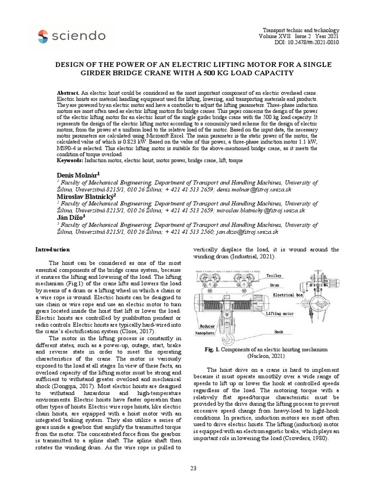 Design of The Power of An Electric Lifting Motor For A Single Girder ...