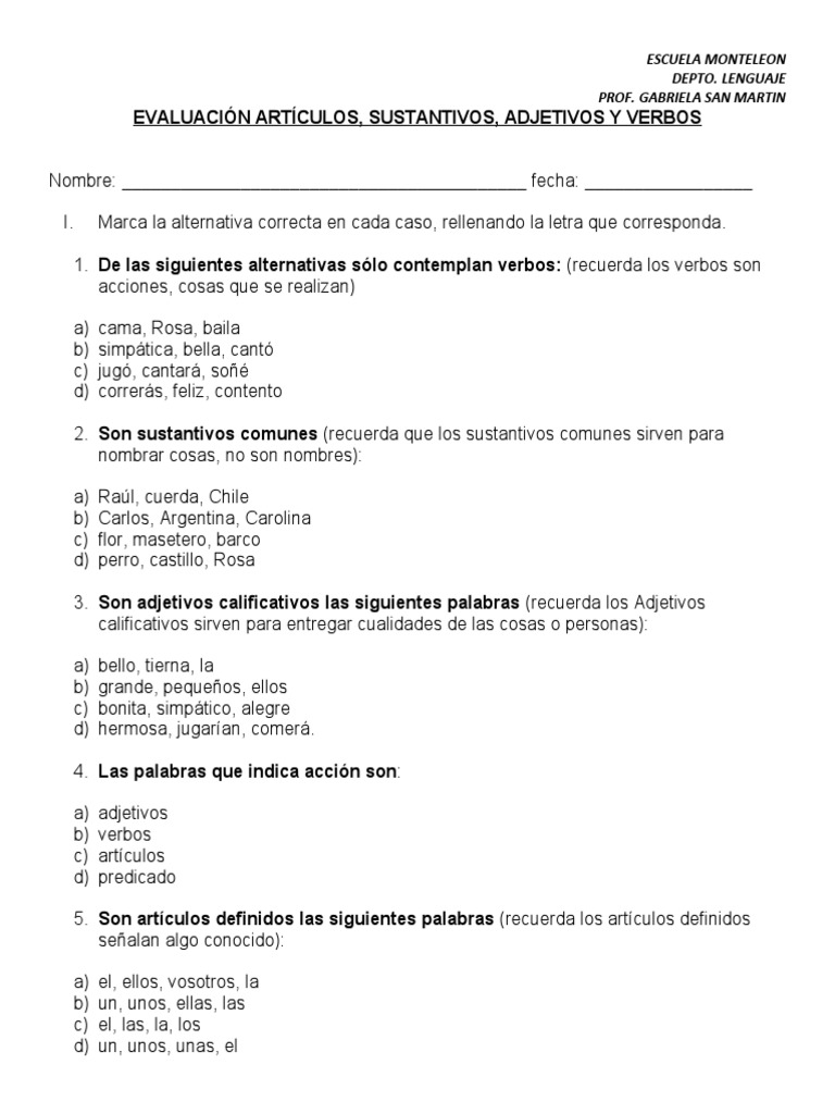 EVALUACIÓN ARTÍCULOS verbos sustantivos | PDF | Adjetivo | Sustantivo