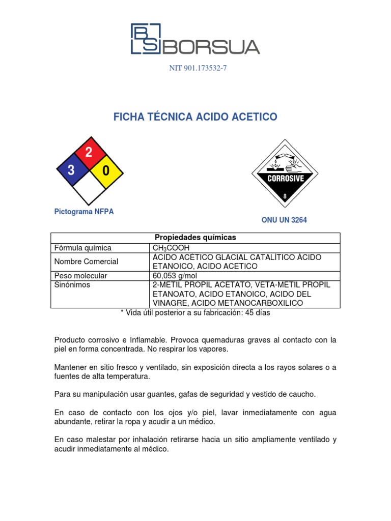 Ficha Tecnica Acido Acetico | PDF