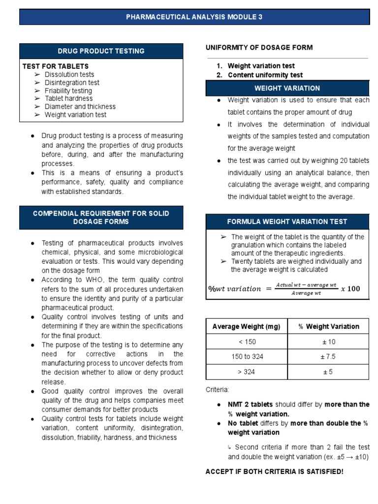 Uniformity of Dosage Form 1. Weight Variation Test 2. Content ...