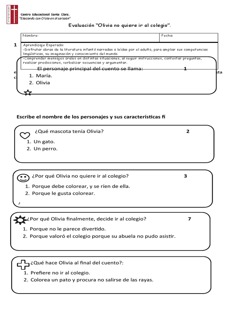 Evaluación de "Olivia no quiere ir al colegio" | PDF