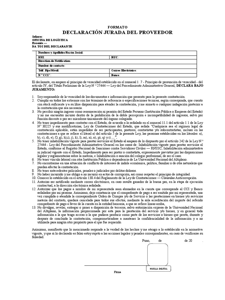 Declaracion Jurada (Proveedor) | PDF | Corrupción política