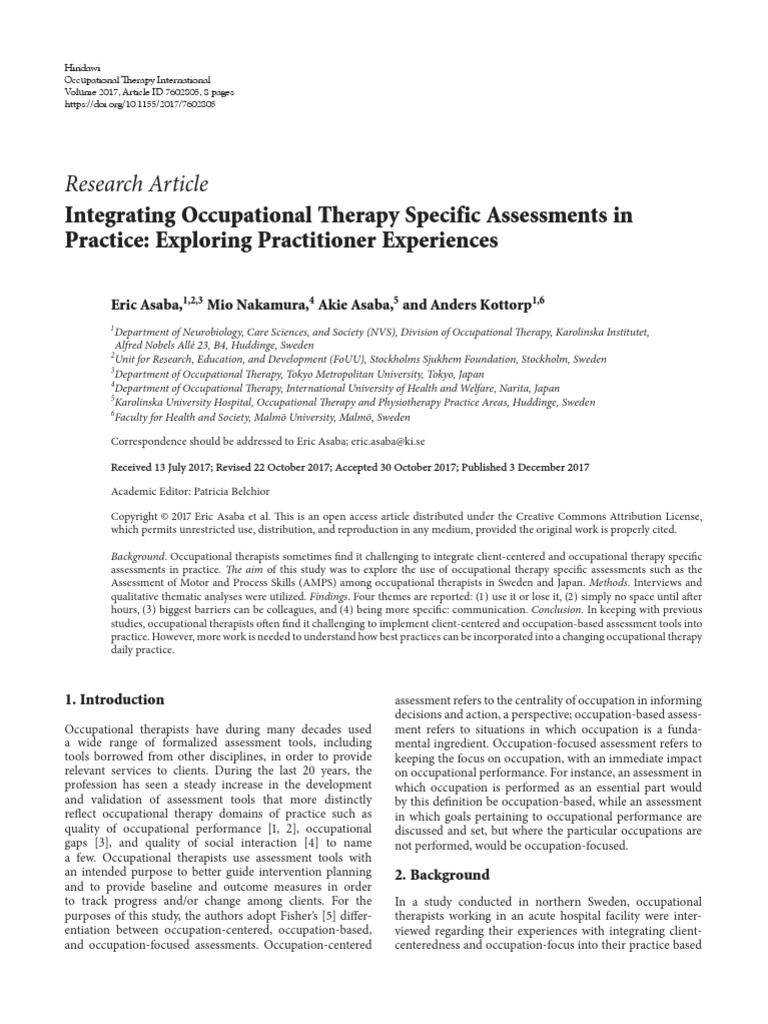 Research Article: Integrating Occupational Therapy Specific Assessments ...