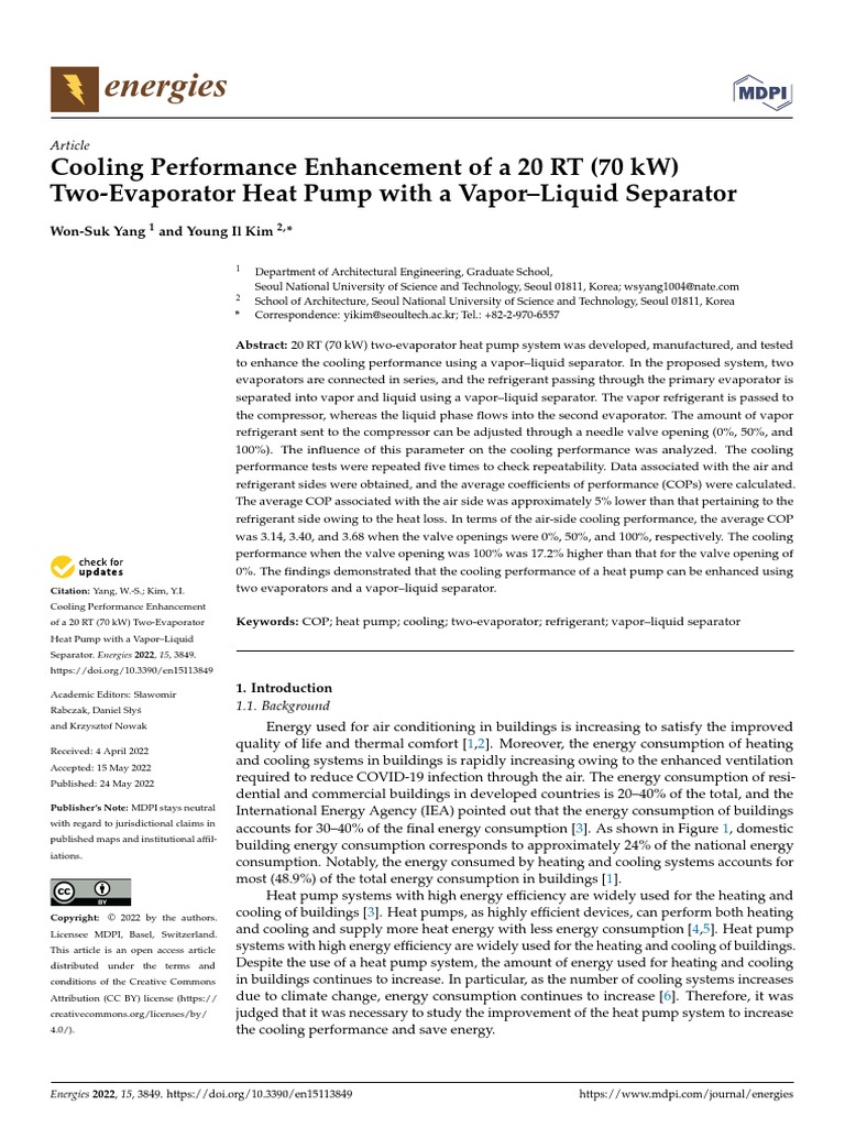Energies: Cooling Performance Enhancement of A 20 RT (70 KW) Two ...