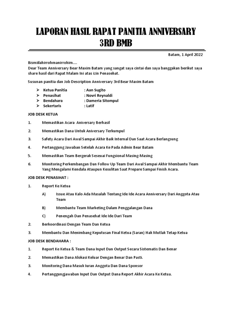 Laporan Hasil Rapat Panitia Anniversary 3rd BMB | PDF | Karier & Perkembangan