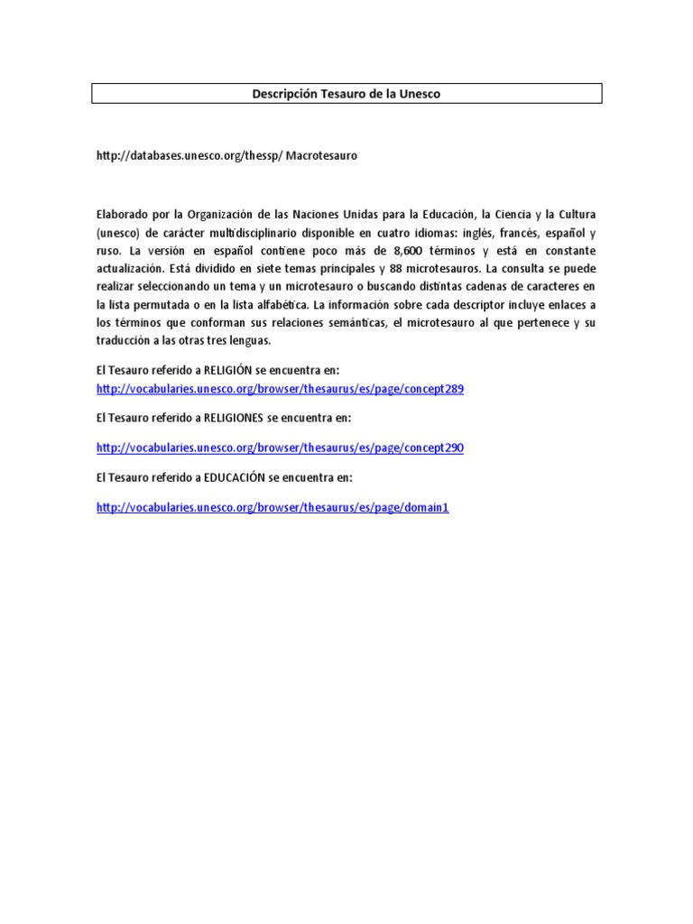 Descripción Tesauro de La Unesco | PDF
