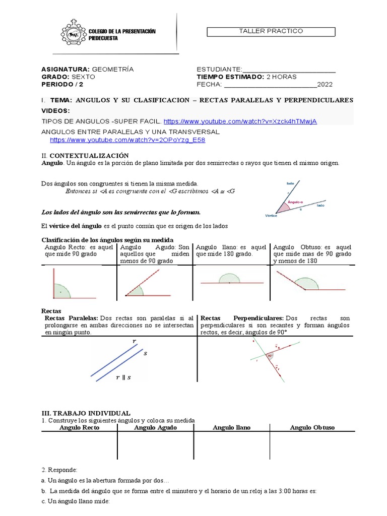 Taller 3 Geometría Sexto | PDF | Ángulo | Perpendicular