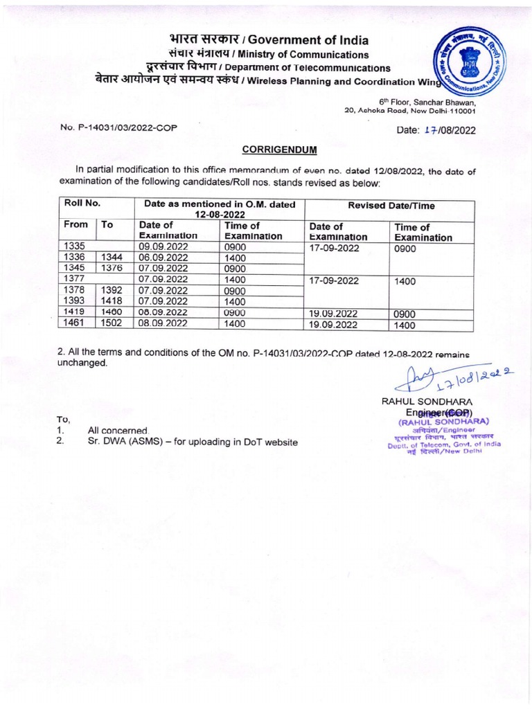 RTR A Delhi Exam Candidates Revised List | PDF