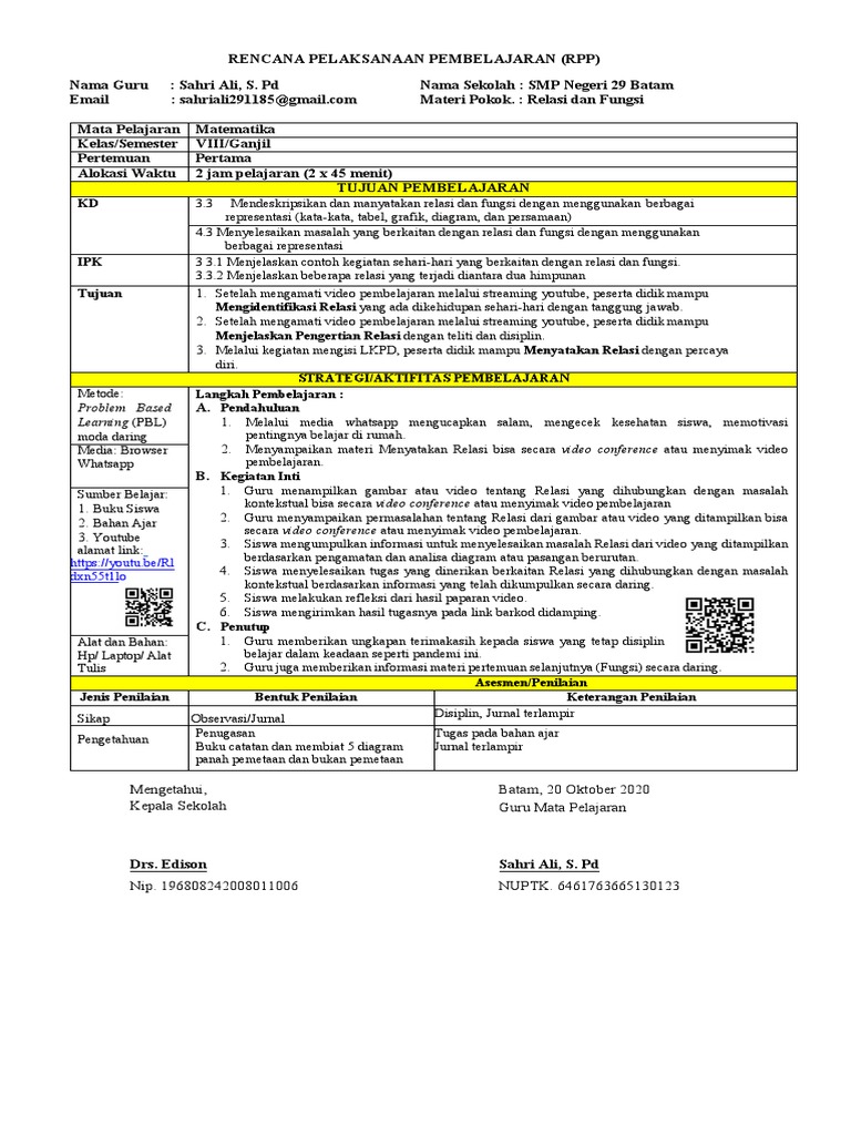 CONTOH RPP Relasi Dan Fungsi | PDF | Karier & Perkembangan