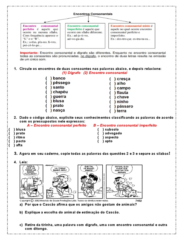 Dígrafos e Encontros Consonantais 6 Ano Atividades | PDF