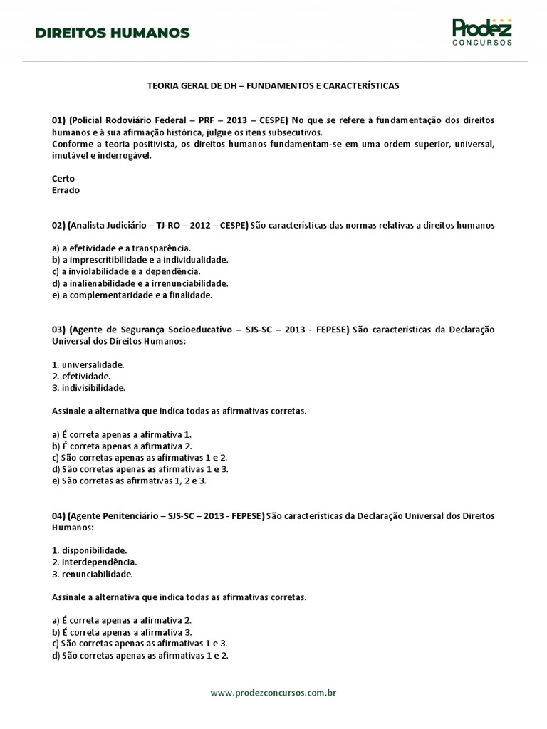 05 - Exercícios Direitos Humanos - TGDH - Fundamentos e Características ...