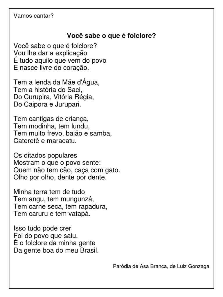 Atividade Paródia Asa Branca Sobre Folclore | PDF | Folclore