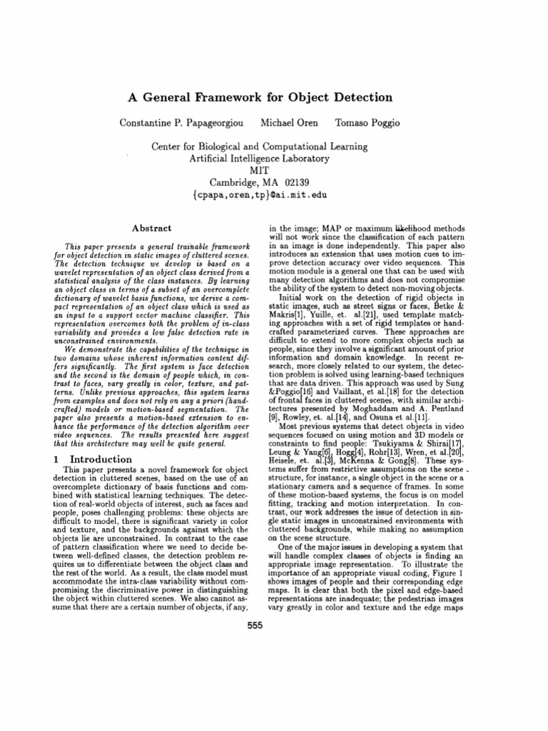 A General Framework For Object Detection Pdf Receiver Operating