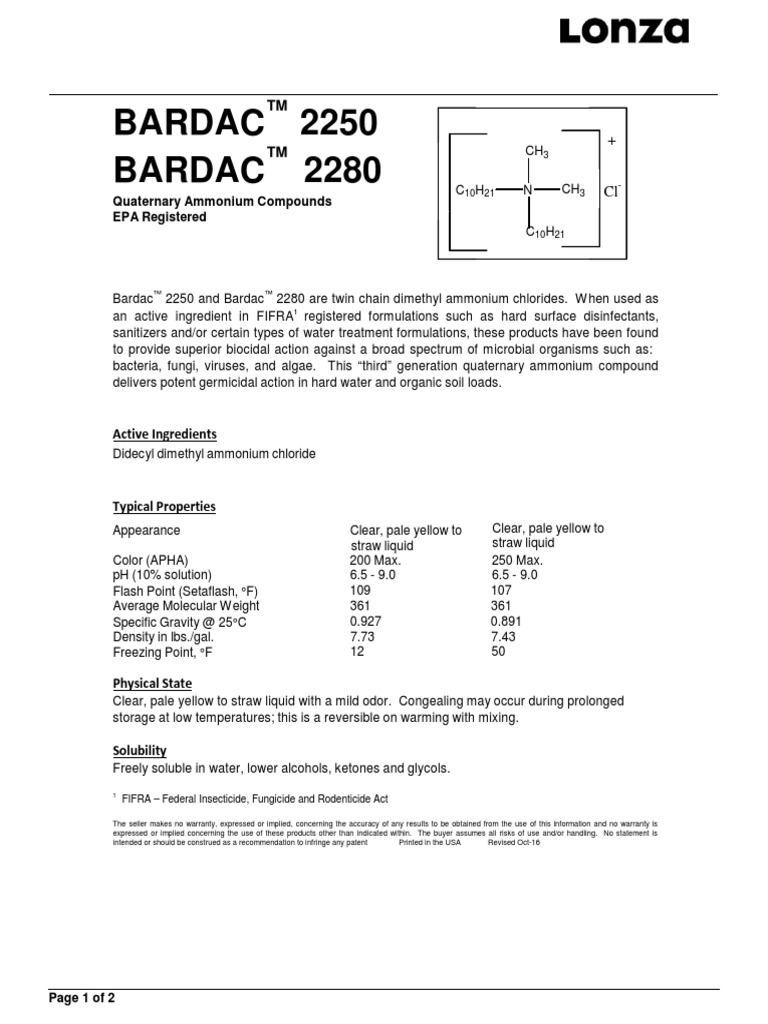 Bardac 2250 2280 TDS 1016 - NA DDAC | PDF | Disinfectant | Materials