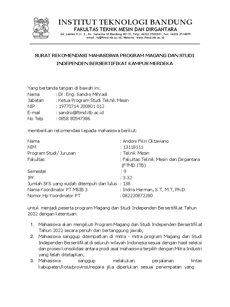 Form Surat Rekomendasi MBKM - 13118111 Cadangan TGL 21 | PDF