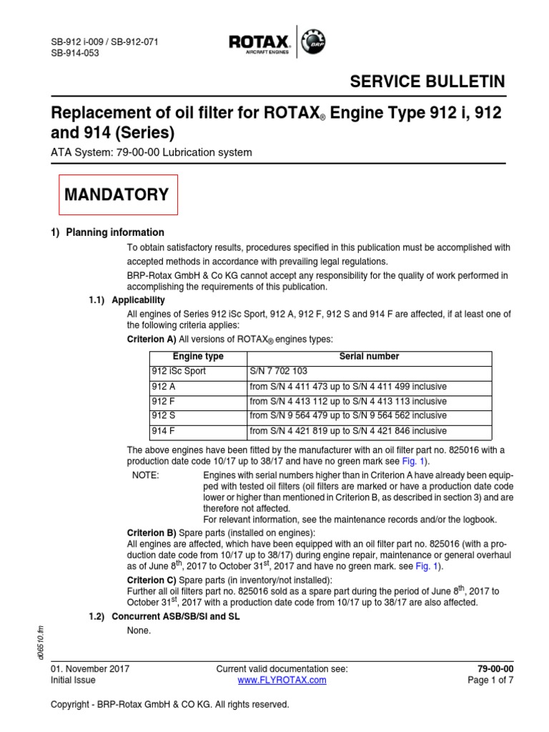Service Bulletin Replacement of Oil Filter For ROTAX Engine Type 912 I ...