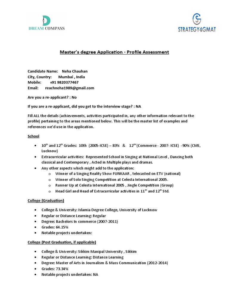 Master Profile Assessment Form | PDF | Entrepreneurship | Cognition