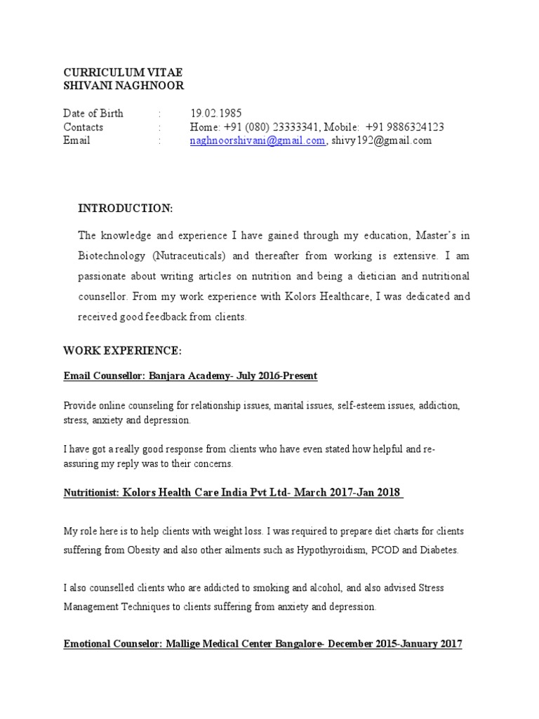 A Versatile Career: The Curriculum Vitae of Shivani Naghnoor | PDF | Adolescence | Biotechnology