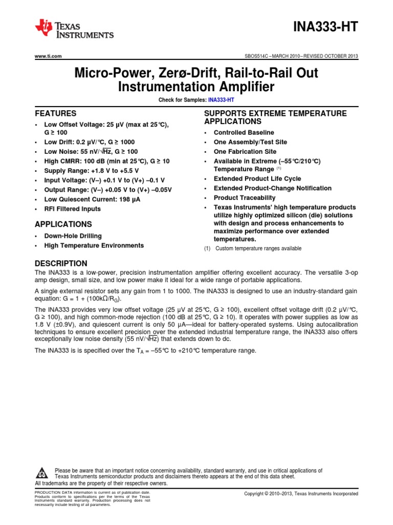 INA333-HT: Features Supports Extreme Temperature Applications | PDF ...