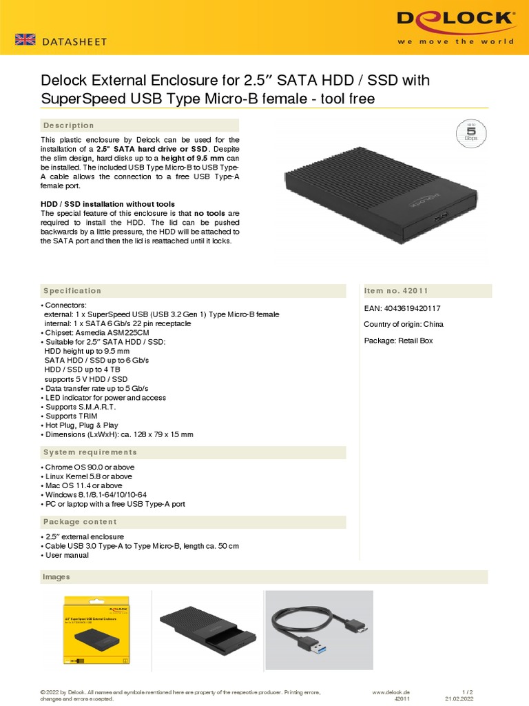 Delock External Enclosure For 2.5 Sata HDD / SSD With Superspeed Usb Type Micro-B Female - Tool ...
