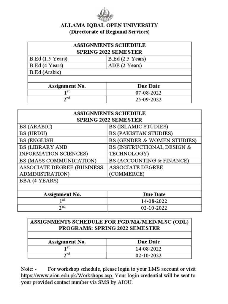 Assignments Schedule (B.Ed, BS, ADC, BBA & PG Programs) Spring 2022 | Download Free PDF ...