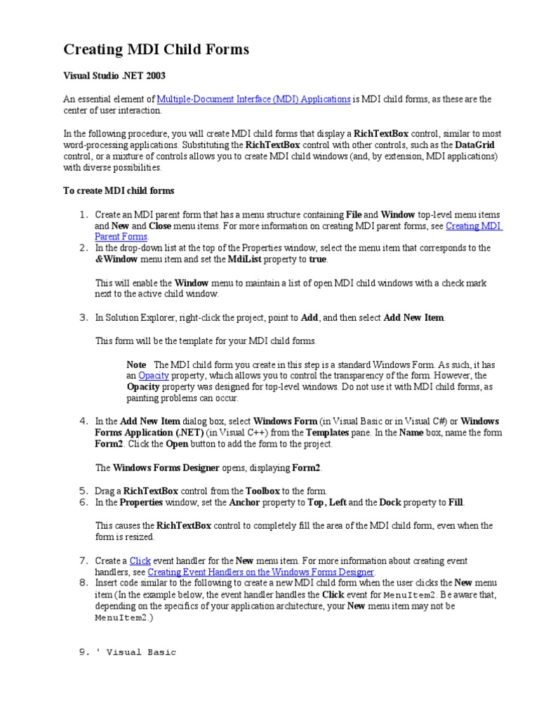 Creating MDI Child Forms - 1 | Menu (Computing) | Microsoft Windows