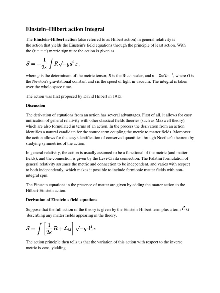 Einstein Hilbert Action Integral EFE | PDF | Theories Of Gravitation ...