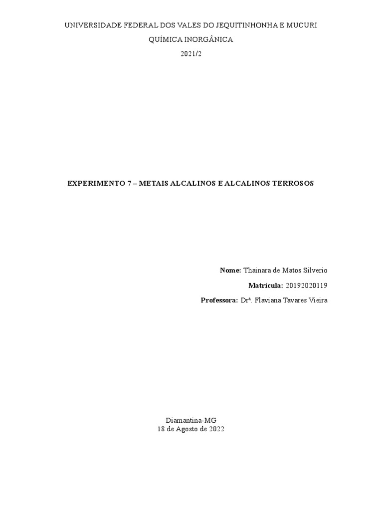 Experimento 7 - Metais Alcalinos e Metais Alcalinos Terrosos | PDF | Cloro | Hidróxido de sódio