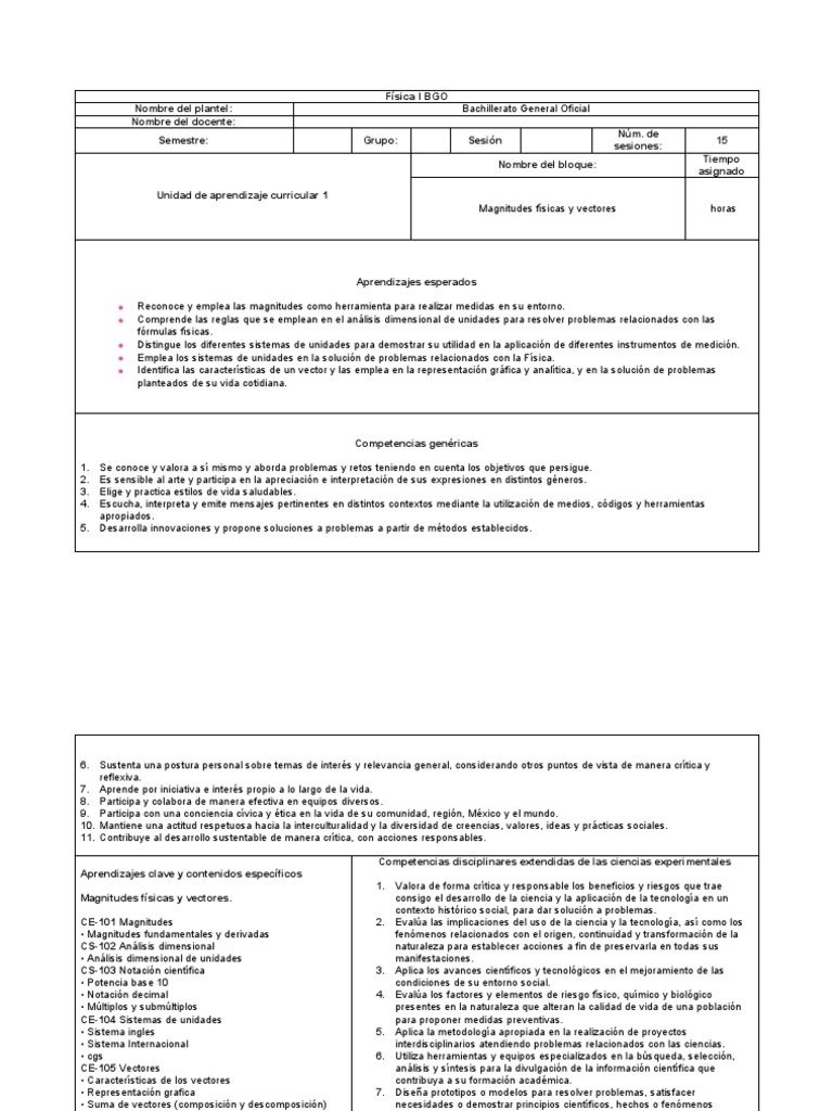 Plan de Clase Física I BGO Unidad 1 | PDF | Método de enseñanza | Evaluación