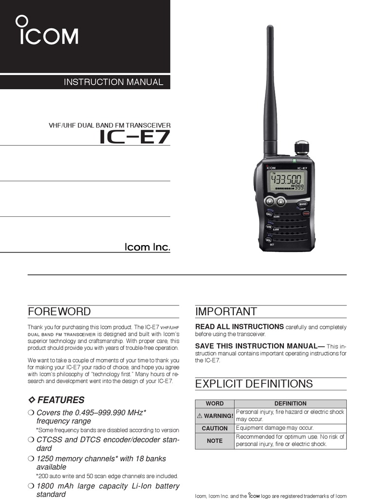 ICOM IC-E7 Manual en | PDF | Battery Charger | Very High Frequency