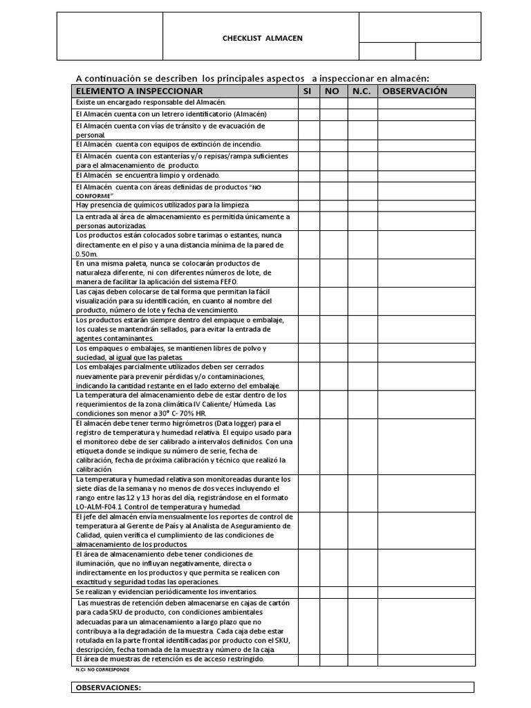 CHECKLIST ALMACEN Formato | PDF