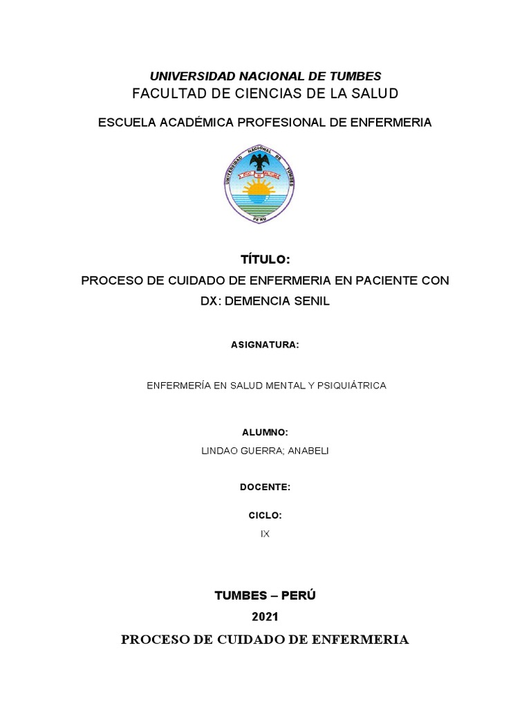 Proceso de cuidado de enfermería para un paciente con demencia senil ...