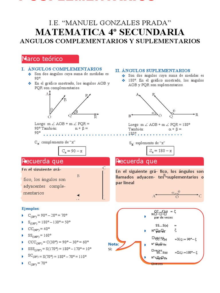 Ángulos Complementarios y Suplementarios para Primer Grado de Secundaria | PDF | Ajedrez